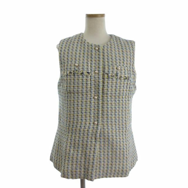 【中古】ブルーレーベルクレストブリッジ 美品 24SS スプリングイタリーツイードジレ ベスト フェイクパール 青 黄 38