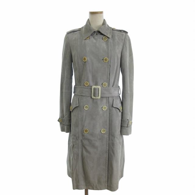 【中古】トッズ TOD'S トレンチコート ロング丈 ベルト付き ラムレザー スエード 無地 グレー 40 レディース