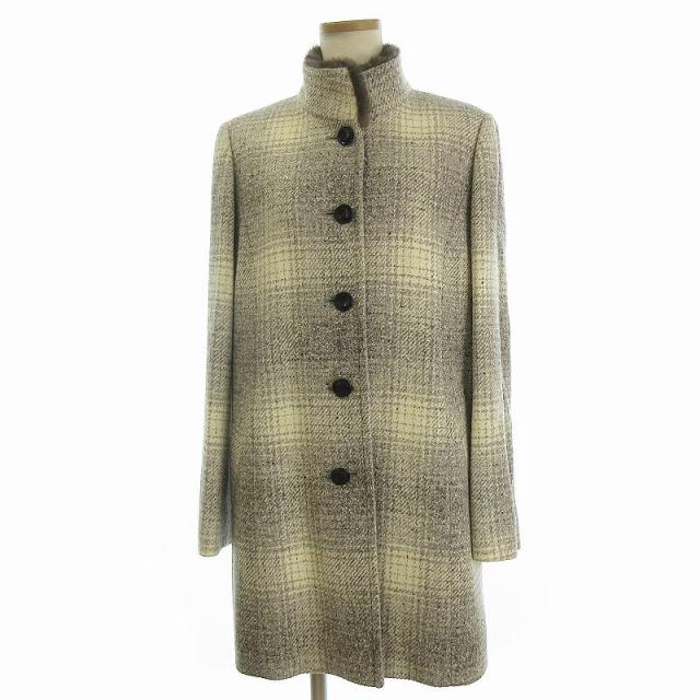 【中古】未使用品 レリアン Leilian タグ付き コート ツイード スタンドカラー ミンクファー シルク混 9 グレー