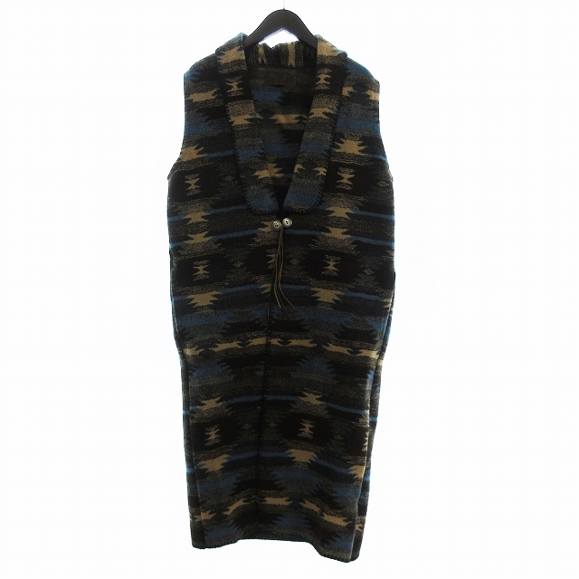 【中古】ヴィンテージ 90s BearRidge カーディガン ベスト ノースリーブ ロング コンチョボタン オルテガ柄 総柄 茶