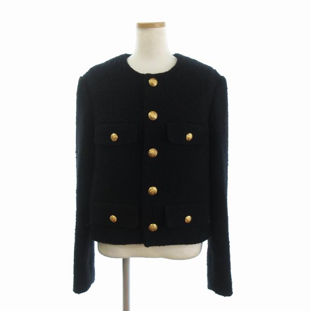 【中古】セリーヌ CELINE 美品 ツイードジャケット ノーカラー 金ボタン ウール混 2V02E764L 黒 ブラック 40
