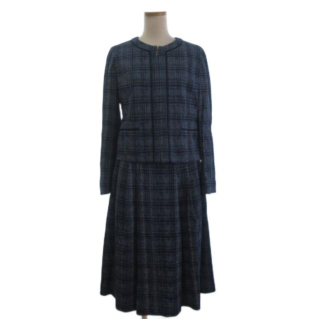 【中古】レリアン 美品 セットアップ スーツ ノーカラー フルジップ スカート ひざ丈 チェック 青 ブルー 11 メンズ