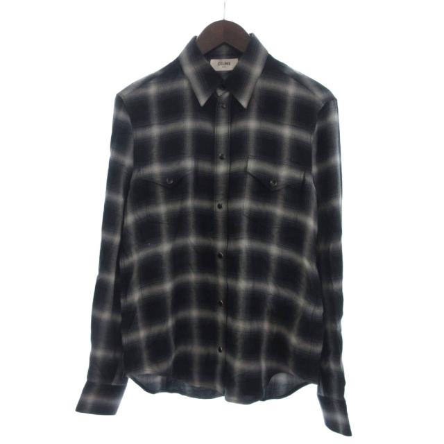【中古】セリーヌ CELINE ウエスタンシャツ チェック 長袖 ポケット 2C027054D 黒系 ブラック系 37 メンズ