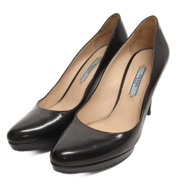 【中古】プラダ PRADA ヒールパンプス ピンヒール ラウンドトゥ レザー 黒 ブラック 37 ■GY35 レディース