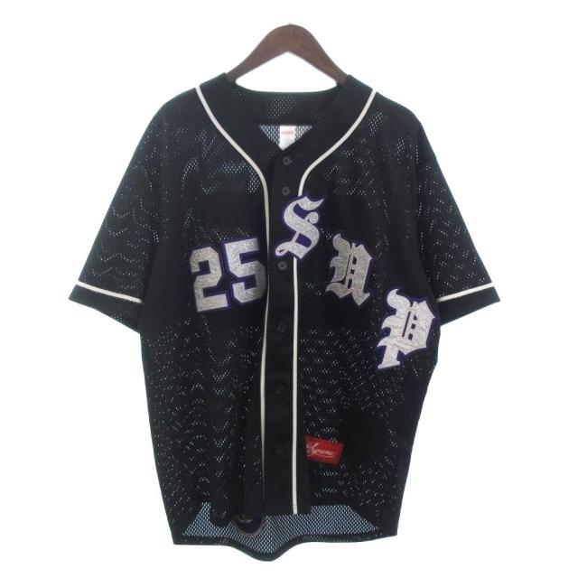【中古】シュプリーム 美品 25SS Velvet Baseball Jersey ベースボールシャツ 半袖 ノーカラー ラメ 黒 L ☆AA★