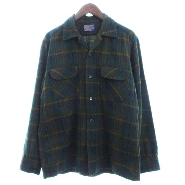 【中古】ペンドルトン 60s 後期 ボードシャツ ビンテージ オンブレチェック レアカラー 開襟 ウール 緑系 M