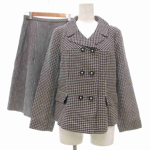 【中古】レリアン Leilian セットアップ ツイードジャケット フレアスカート ダブル ひざ丈 チェック柄 11 黒