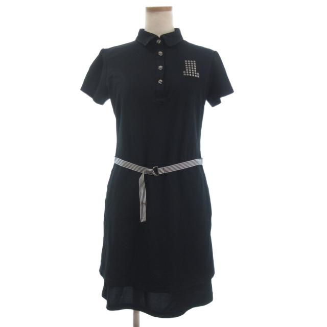 【中古】ランバン スポール シャツ ワンピース ミニ 半袖 VLB7962X5A ストーン装飾 ロゴ 刺繍 38 黒