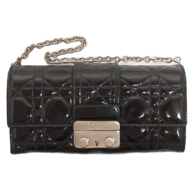 【中古】ディオール ニューロック チェーンウォレット カナージュ 長財布 小銭入れ エナメル 黒 ブラック ☆AA★