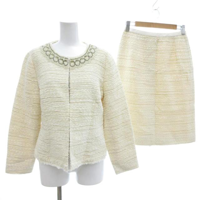 【中古】レリアン Leilian 美品 セットアップ ジャケット スカート 11 ツイード ビジュー タイト アイボリー /AE