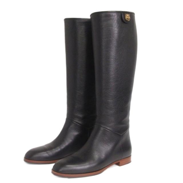 【中古】グッチ GUCCI 美品 ロングブーツ タイガーヘッド GGマーモント レザー 黒 ブラック 35 22cm位 靴 ☆AA★