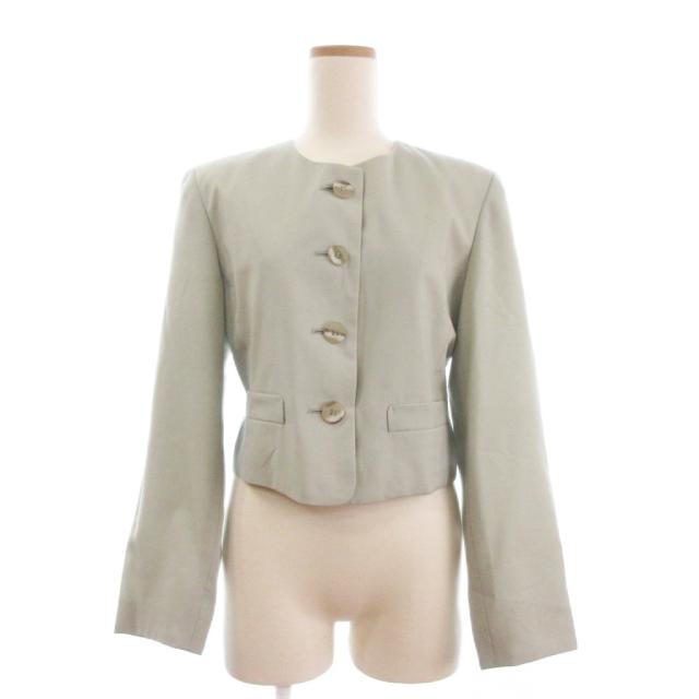 【中古】イッセイミヤケ ISSEY MIYAKE アイエス i.s ノーカラージャケット ショート丈 長袖 総裏 ウール 緑系 M