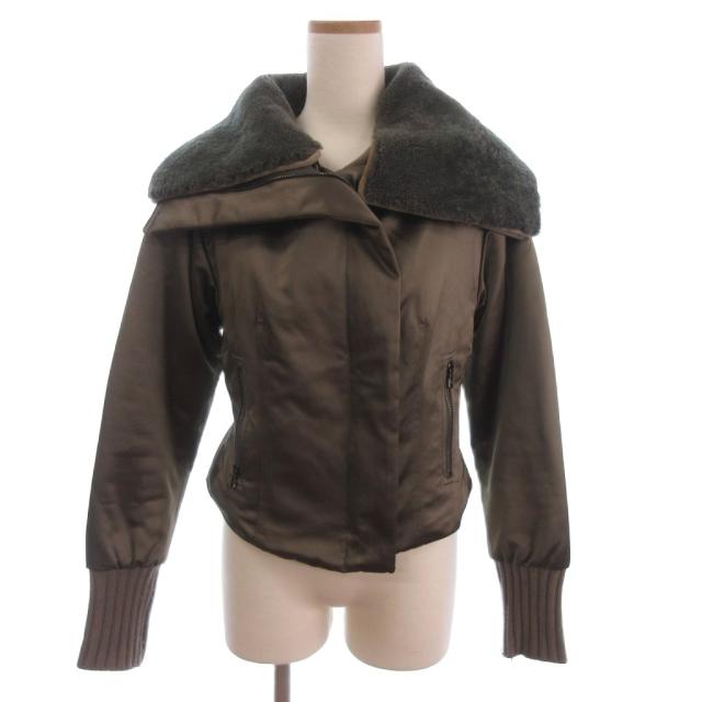 【中古】マックスマーラ 白タグ 襟ボア 中綿ジャケット ブルゾン ビッグカラー フルジップ 緑系カーキ 38