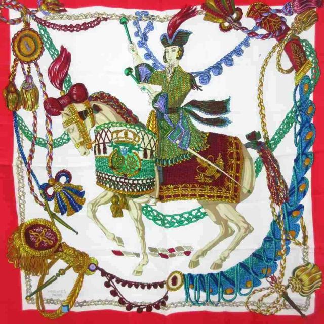 【中古】エルメス Paris ティンパニ奏者 カレ90 スカーフ チーフ 大判 プリント 赤 白 ホワイト レッド 小物 ☆AA★