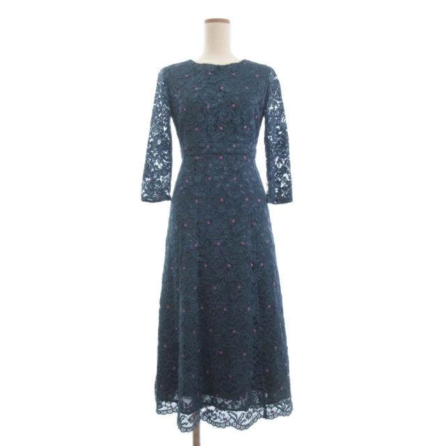 【中古】ダイアグラム Diagram ドレス フレアワンピース ロング丈 長袖 レース 花 刺繍 3843 1167-0 青 ブルー 36