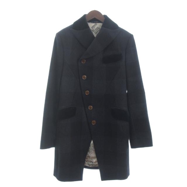 【中古】ヴィヴィアンウエストウッドマン ヒストリカルコート ミドル丈 ウール チェック 変形 VW-W1-89189 紺 黒 44