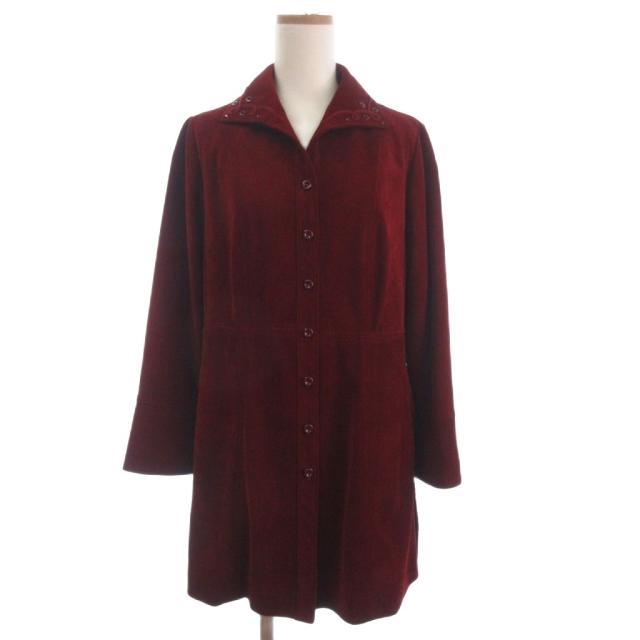 【中古】レリアン Leilian コーディロイシャツジャケット 背抜き ミドル丈 刺繍 赤 レッド 13+ 大きいサイズ ■FF