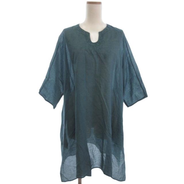 【中古】ヨーガンレール 刺繍 ワイド ブラウス チュニック 七分袖 コットン J0147FB001 青緑 M レディース