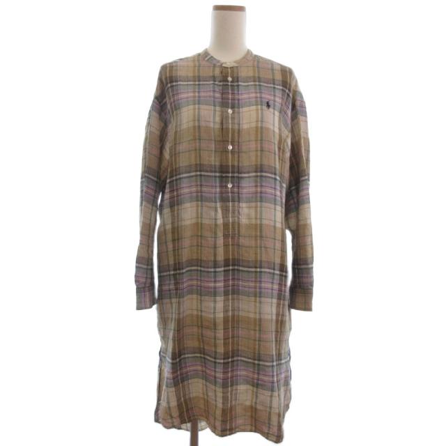 【中古】ポロ バイ ラルフローレン ハーフボタン チェック シャツ ワンピース ロング 長袖 リネン ベージュ系 6