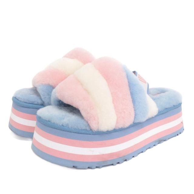 【中古】アグ UGG Disco Stripe Slide ディスコストライプサンダル モコモコ 1120875 青 ブルー ピンク 27?p 靴