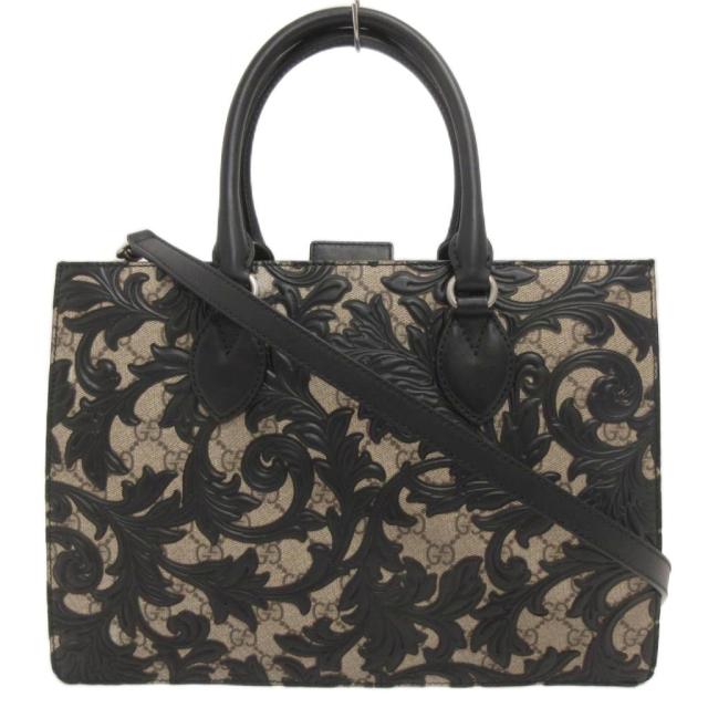 【中古】グッチ GUCCI 美品 アラベスク GGスプリーム ショルダーバッグ 409531 ベージュ 黒 ブラック レディース