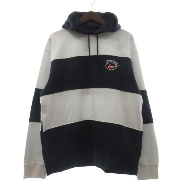 【中古】ナイキ × シュプリーム Stripe Hooded Sweatshirt パーカー スウェット 長袖 裏毛 ボーダー 白 黒 M