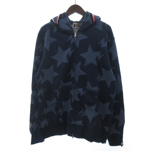 【中古】アベイシングエイプ 美品 パーカー スウェット シャークフーディ フルジップ 裏毛 ワッペン 総柄 星 青 XL