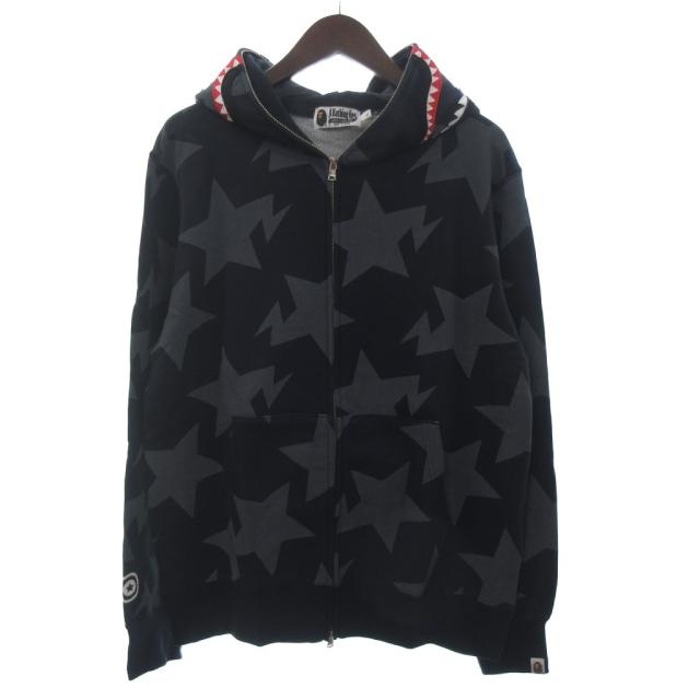 【中古】アベイシングエイプ 美品 パーカー スウェット シャークフーディ フルジップ 裏毛 ワッペン 総柄 星 黒 XL