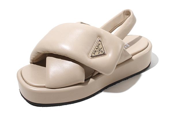 【中古】21.5cm PRADA プラダ トライアングルロゴ パデッドナッパレザー サンダル 34 1/2 SAND BEIGE 1XZ758