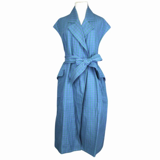 【中古】美品 19ss ブラミンク BLAMINK ギンガムチェック ロングジレ ベルテッド スリーブレスコート ベスト