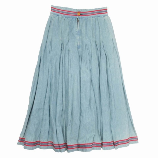 【中古】グッチ GUCCI ソフトデニム ロング プリーツスカート ロゴ ライン マキシ丈 40 ライトインディゴ 599360