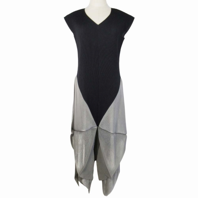 【中古】極美品 14aw イッセイミヤケフェット ISSEY MIYAKE プリーツ加工 フレンチスリーブ ワンピース ロングドレス