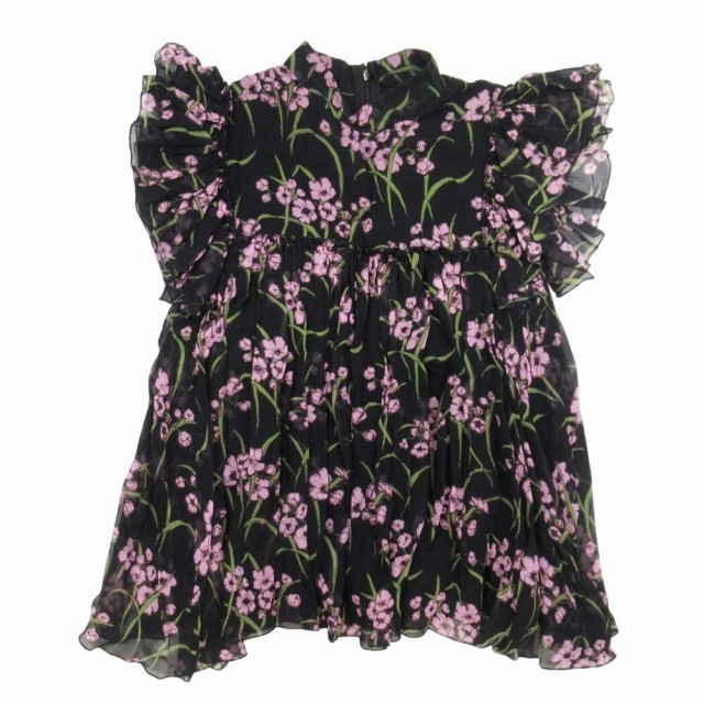 【中古】美品 ジャンバティスタヴァリ フラワープリント ブラウス シルクシフォン フリルスリーブ 半袖 プルオーバー