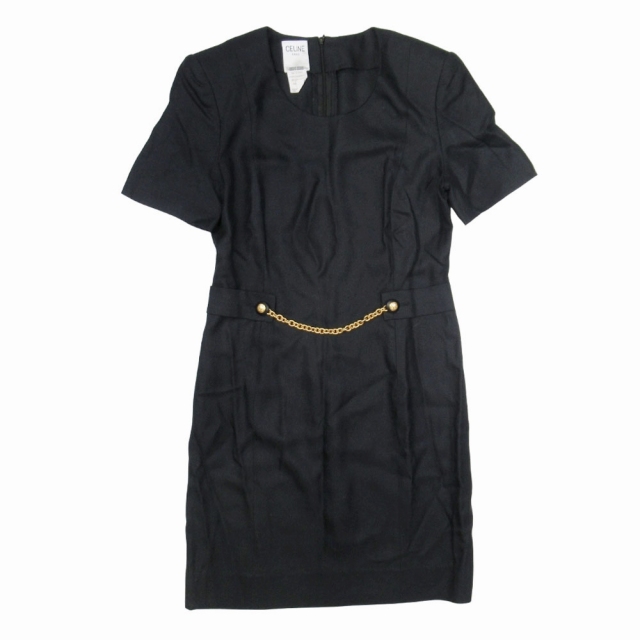 【中古】美品 vintage オールドセリーヌ CELINE トリオンフ 金ボタン 半袖 ワンピース セミタイトシルエット 膝丈