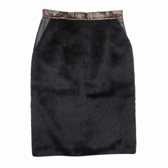 【中古】美品 セリーヌ フィービー期 アルパカ ファー レザー スカート セミタイトシルエット 膝丈 38 黒 ブラック