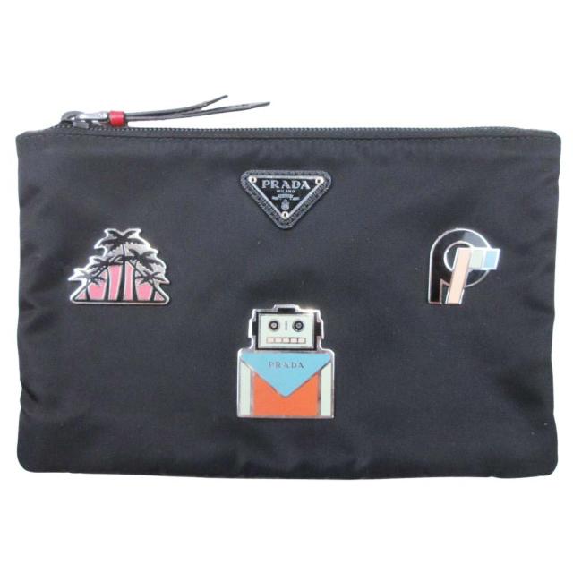 【中古】美品 2018年 プラダ PRADA ロボット メタルアップリケ ポーチ 小物 セカンドバッグ クラッチ 三角ロゴ
