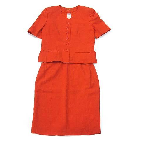【中古】セリーヌ CELINE スカート スーツ 上下 セットアップ 半袖 ジャケット リネン レーヨン オレンジ 44 フランス製 ヴィンテージ