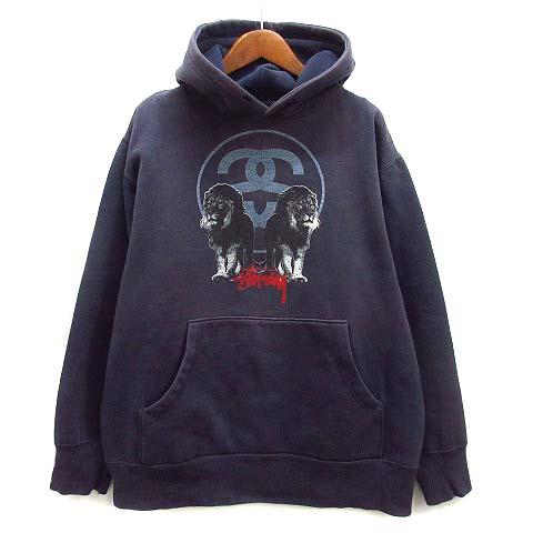 【中古】ステューシー STUSSY 紺タグ USA製 SSリンク ダブル ライオン スウェット パーカー プルオーバー L オールド ヴィンテージ