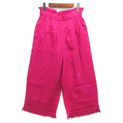【中古】未使用品 フランシュリッペ franche lippee ぽたぽた刺繍 ピンタック パンツ ワイド 裾レース ウエストゴム リネン ピンク M