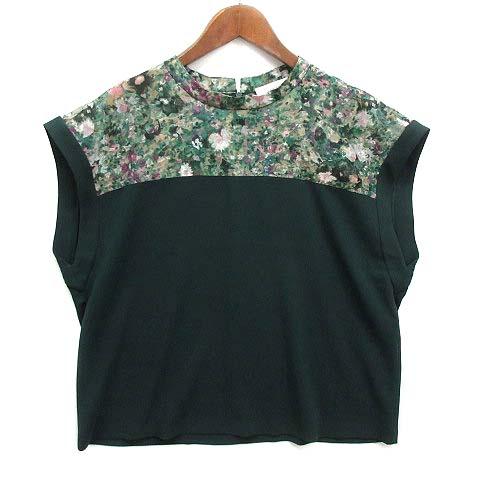 【中古】レリアン Leilian ノースリーブ カットソー ブラウス フラワープリント 花柄 グリーン 緑 13+ 大きいサイズ 美品 レディース