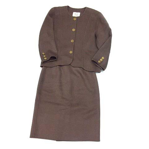 【中古】ピノーレ PINORE クラブ CLUB カシミヤ スーツ 上下セットアップ ノーカラージャケット スカート モカグレー 13 レディース