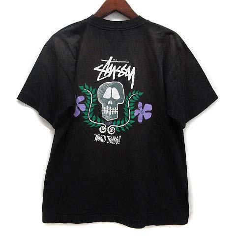 【中古】ステューシー STUSSY SKULL FLOWER スカル フラワー Tシャツ バックプリント ボックスシルエット M 黒 ブラック ☆AA★ メンズ