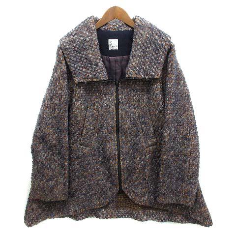 【中古】キューブキューブ cube-cube センソユニコ チャンキーツイード ビッグカラー コート ジップアップ Aライン ネイビー 紺 40