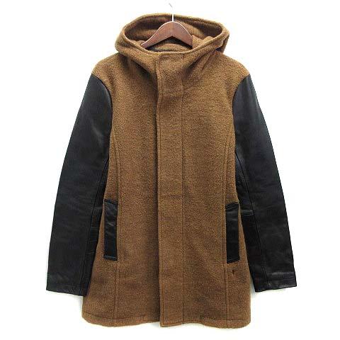 【中古】ノーアイディー NOID ウール ボア レザースリーブ フーデッド コート ブラウン ブラック 茶 黒 2 835003-706C メンズ