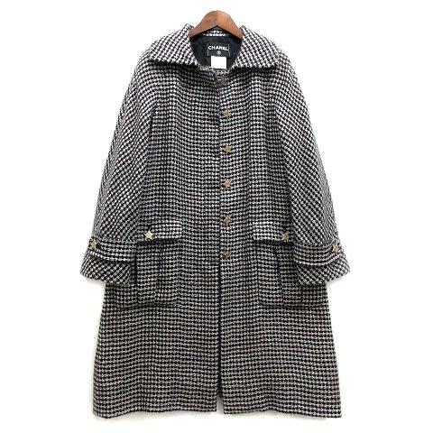 【中古】シャネル CHANEL モヘア ツイード ロング コート パリダラス ボタン 裏地シルク 総柄 P49610 ブラック系 38 国内正規 レディース
