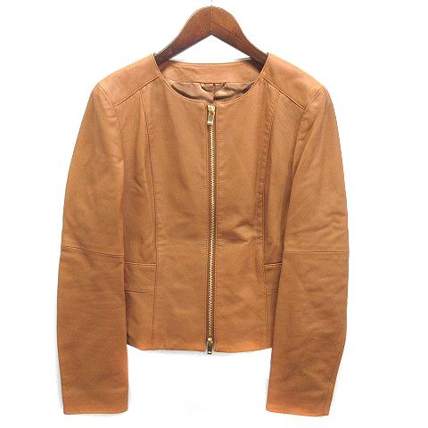 【中古】アナイ ANAYI ラムレザー ノーカラー ジャケット ダブルジップ 羊革 キャメル 38 レディース