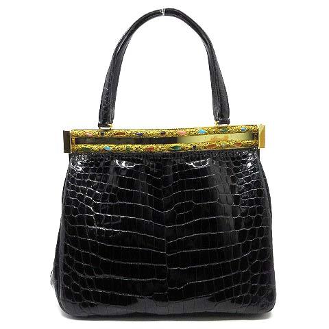 【中古】ハマノ HAMANO クロコダイル がま口 ハンドバッグ 天然石 カラーストーン付き ワニ革 ブラック ゴールド金具  レディース