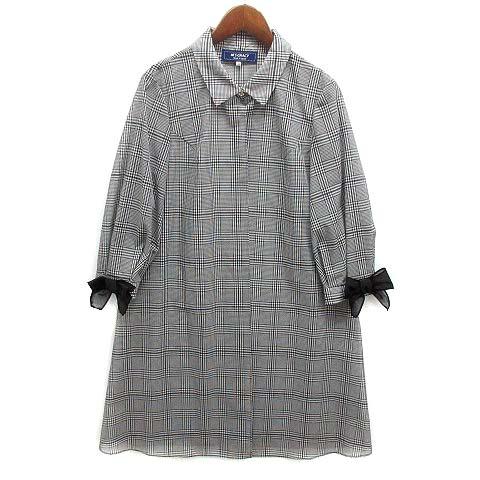 【中古】エムズグレイシー M'S GRACY グレンチェック シアー ステンカラーコート リボン 羽織 グレー 38 美品 レディース