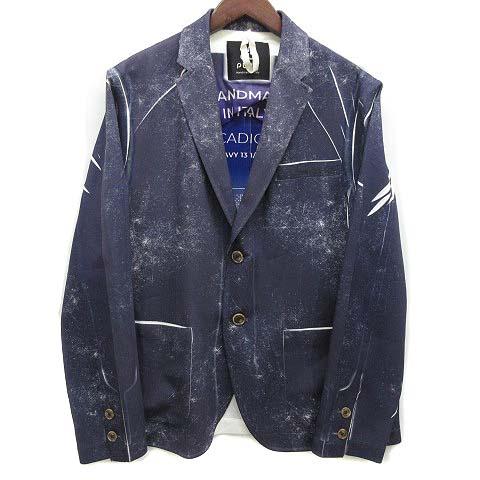 【中古】プラス Plus made in italy CADICH 昇華プリント アンコン ジャケット ブレザー 総柄 紺 ネイビー L イタリア製 メンズ