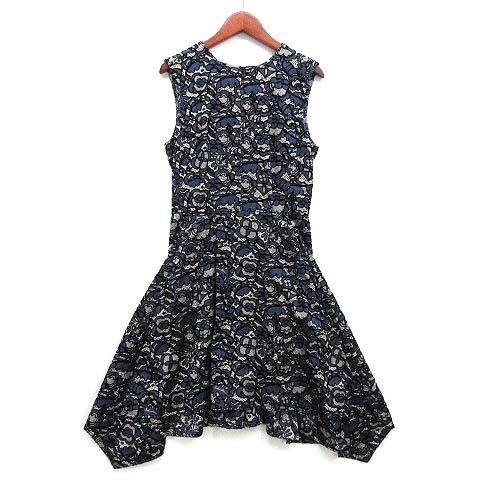 【中古】ルイヴィトン LOUIS VUITTON モノグラムフラワー フロッキー シルク ワンピース フレア ドレス ノースリーブ ネイビー 36